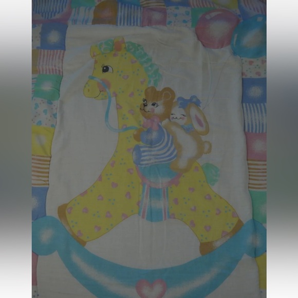Bedding | Vintage Pastel Rocking Horse Baby Blanket Bunny Rabbit Bear ...